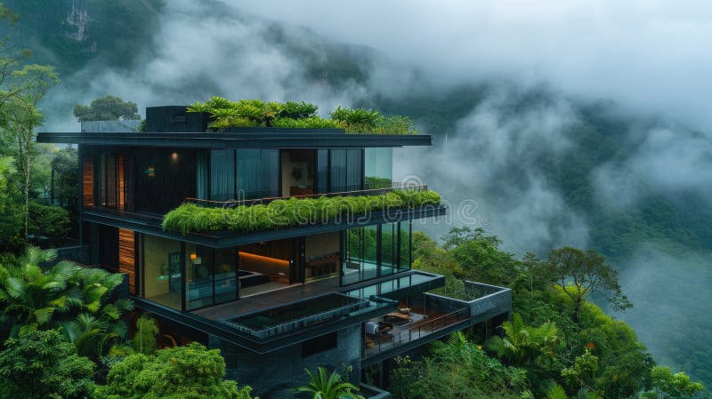 Modern House in Lush Green Forest with Misty Mountains Stock ...