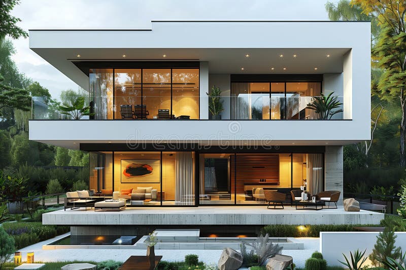 Modern House with Many Windows, Large Balcony, and Sleek Facade Stock ...