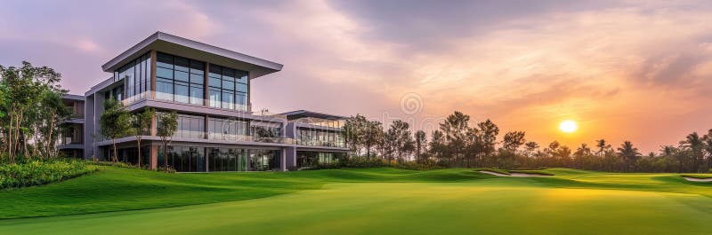 A Modern House with Many Windows and Trees in the Background Stock ...
