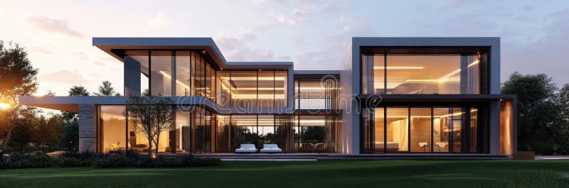 A Modern House with Many Windows and Trees in the Background Stock ...