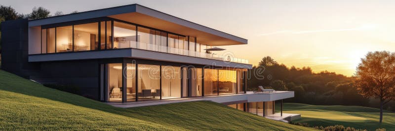 A Modern House with Many Windows and Trees in the Background Stock ...