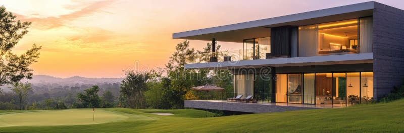 A Modern House with Many Windows and Trees in the Background Stock ...