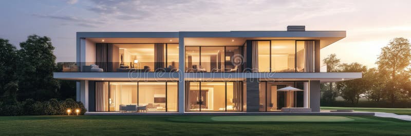 A Modern House with Many Windows and Trees in the Background Stock ...