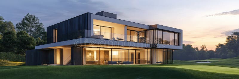 A Modern House with Many Windows and Trees in the Background Stock ...