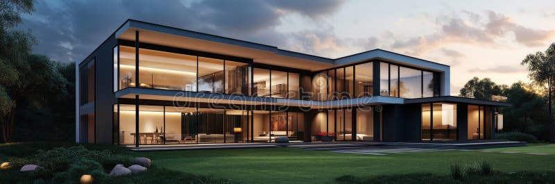 A Modern House with Many Windows and Trees in the Background Stock ...