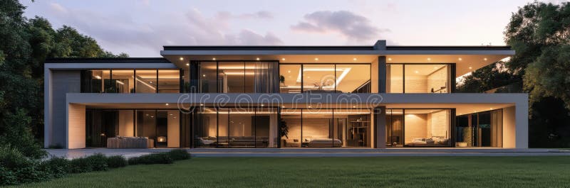A Modern House with Many Windows and Trees in the Background Stock ...