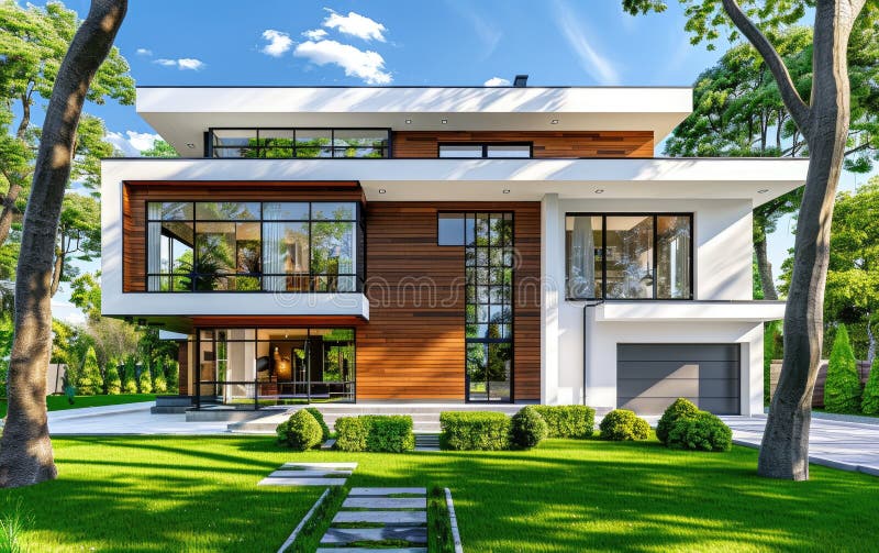 A Modern House with Many Windows and a Walkway in Front Stock Photo ...