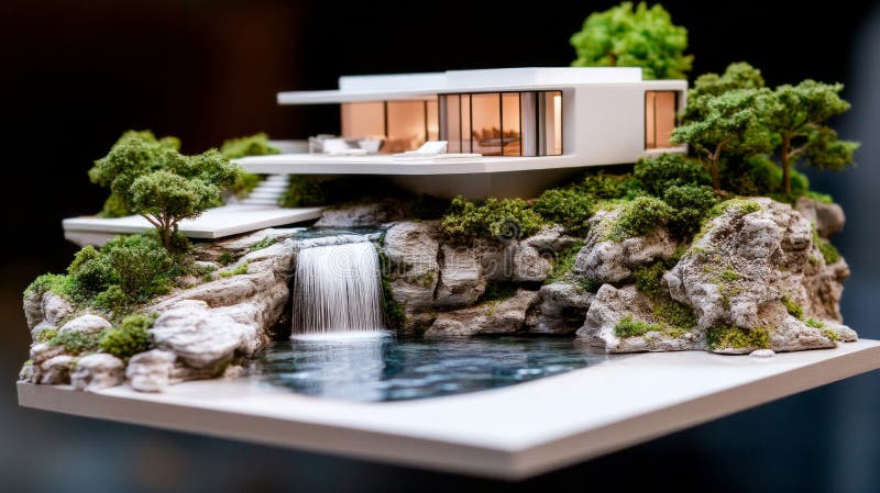 Modern House Miniature Model with Waterfall Stock Illustration ...