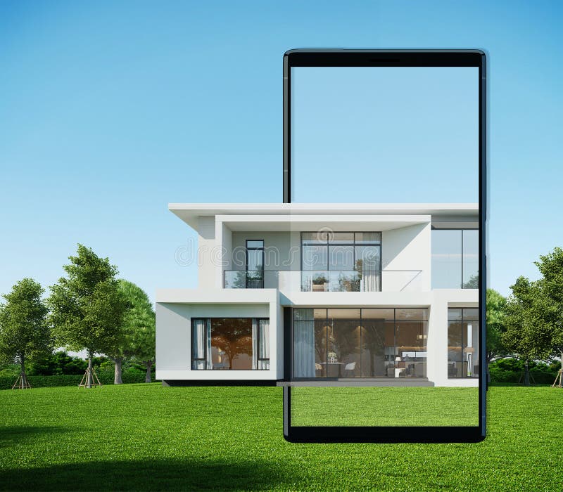 Modern House in Mobile Phone Display.Concept for Real Estate House ...