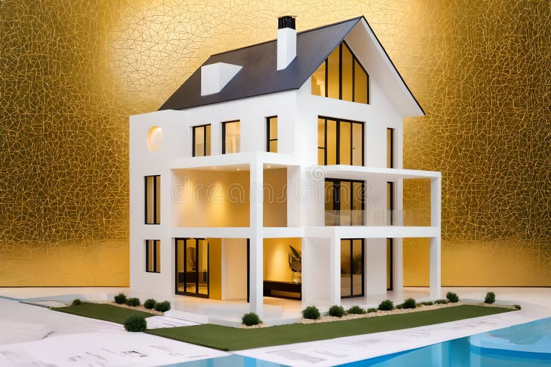 Modern House Model with Blueprints and Pool. Stock Illustration ...