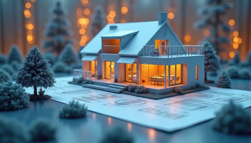 Modern House Model Sits on Architectural Blueprints. Illuminated ...
