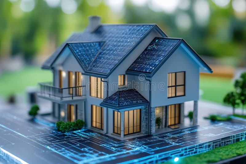 Modern House Model with Solar Panels and Digital Design Elements ...
