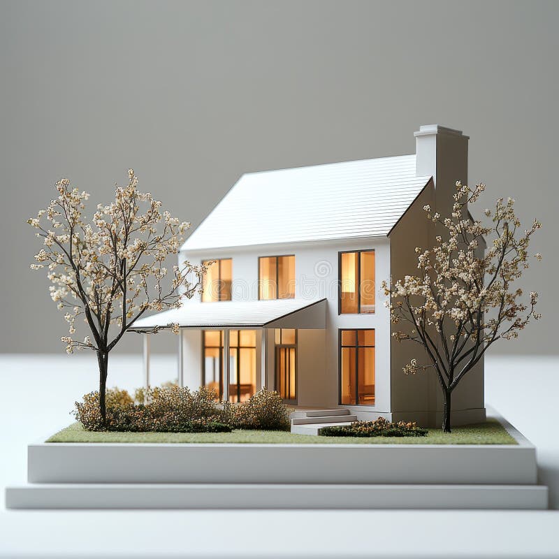 Modern House Model with Trees Illuminated Interior Stock Illustration ...