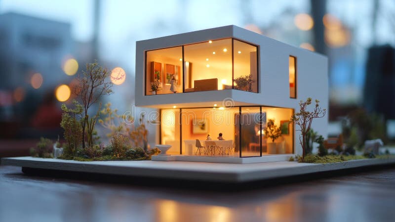 Modern House Model with Warm Interior Lighting Stock Illustration ...