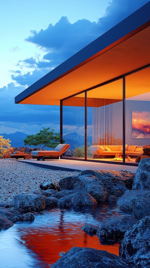 Modern House with Mountain View at Sunset, Ideal for Relaxation and ...