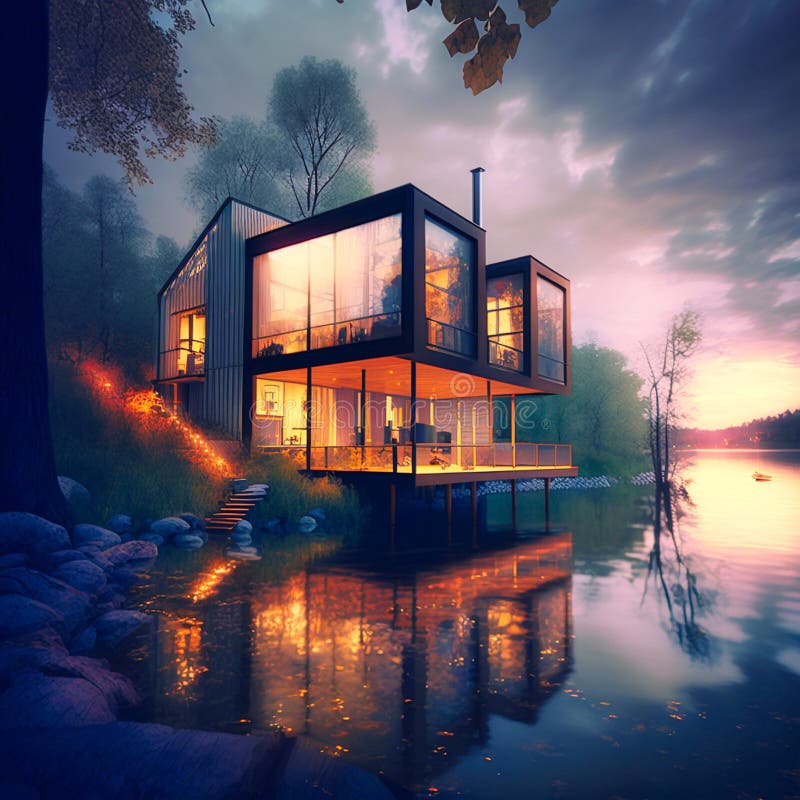 Modern House Near the River in the Evening, Generative AI Stock ...