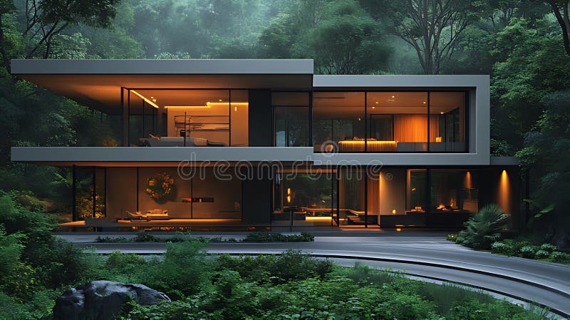 Modern House Nestled in Lush Forest at Night, Illuminated Interior ...