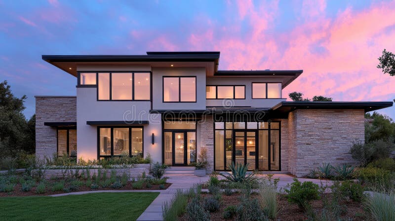 A Modern House with a Nice Front Yard Stock Illustration - Illustration ...