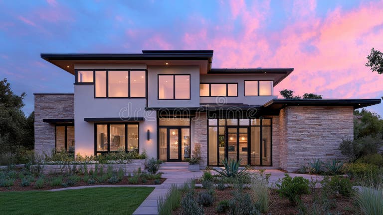 A Modern House with a Nice Front Yard Stock Illustration - Illustration ...