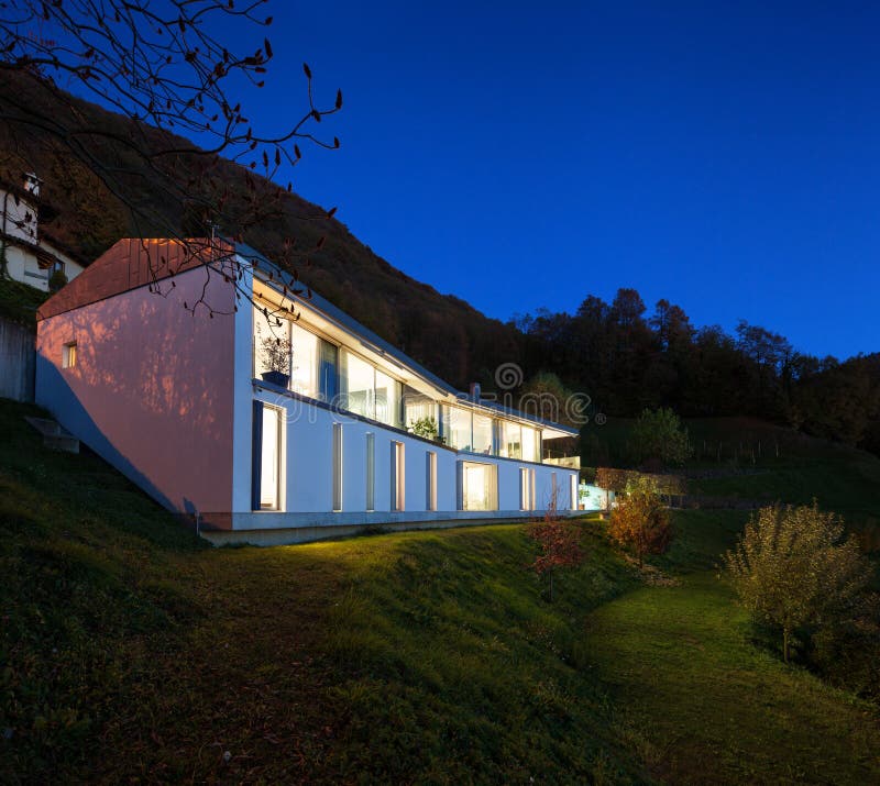 Modern house by night stock image. Image of outdoor, estate - 63458535