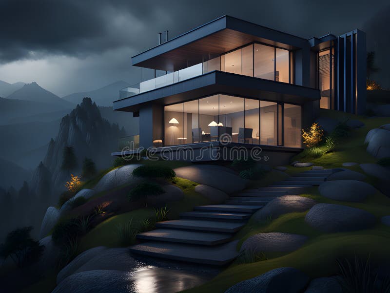 Modern House in Night with Fog, Night View, Ai Generated Stock ...
