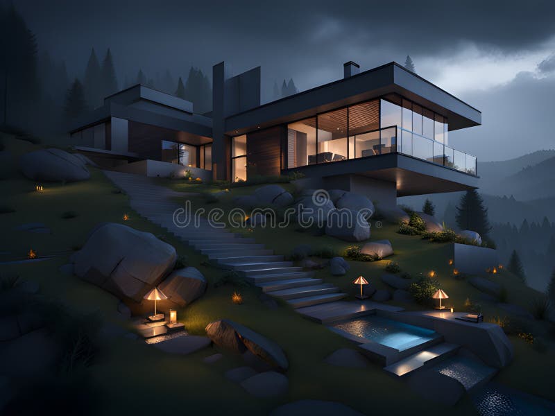 Modern House in Night with Fog, Night View, Ai Generated Stock ...