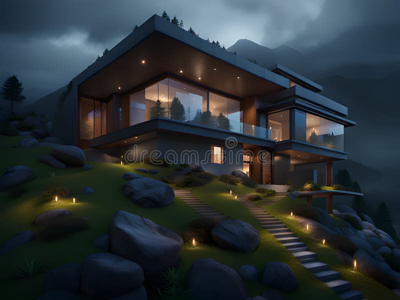 Modern House in Night with Fog, Night View, Ai Generated Stock ...