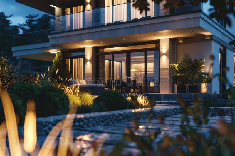 Modern House Nighttime, Landscape and Courtyard Illumination Stock ...