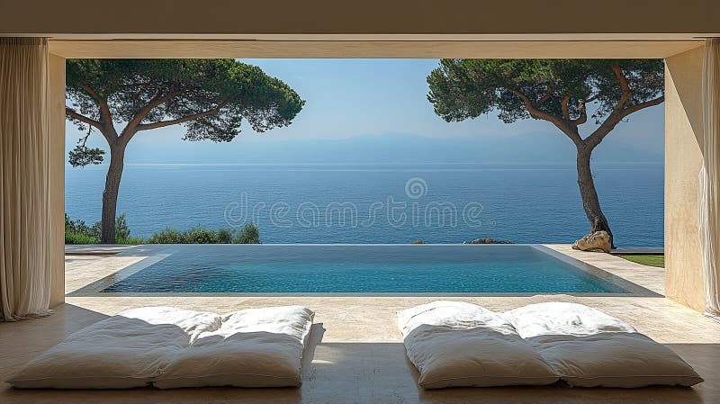 Modern House with Ocean View Pool Stock Illustration - Illustration of ...