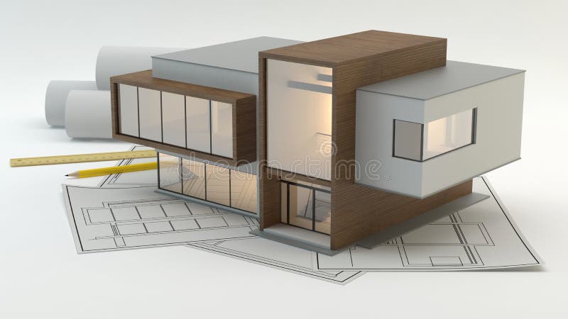 Model of Modern House and Plans, 3D Illustration Stock Illustration ...
