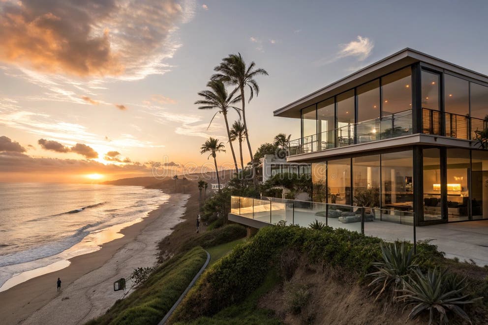 Modern House Overlooking Beach at Sunset Stock Illustration ...