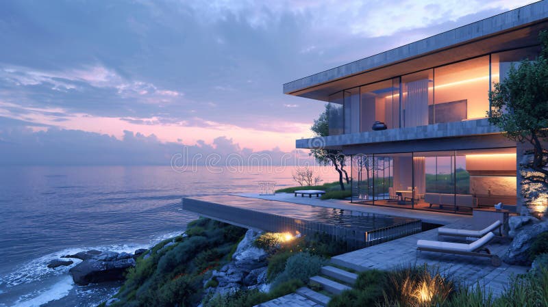 Modern House Overlooking Ocean Cliff. Generative by AI Stock ...