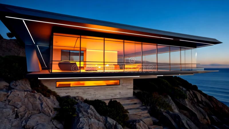 Modern House with Panoramic View on a Cliffside during Evening with ...