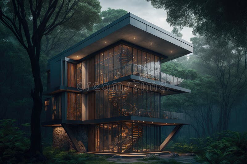 Modern House with Panoramic Windows in the Jungle, AI Generative Stock ...