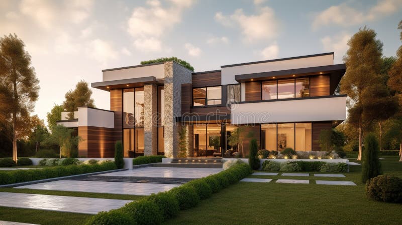 Modern House in the Park Modern House with Garden Stock Illustration ...