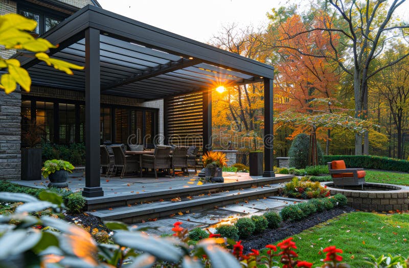 Modern House with Patio and Outdoor Living in the Fall. Stock Photo ...