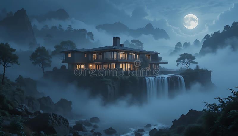 Modern House Perched on Cliff Overlooking Waterfall Stock Image - Image ...