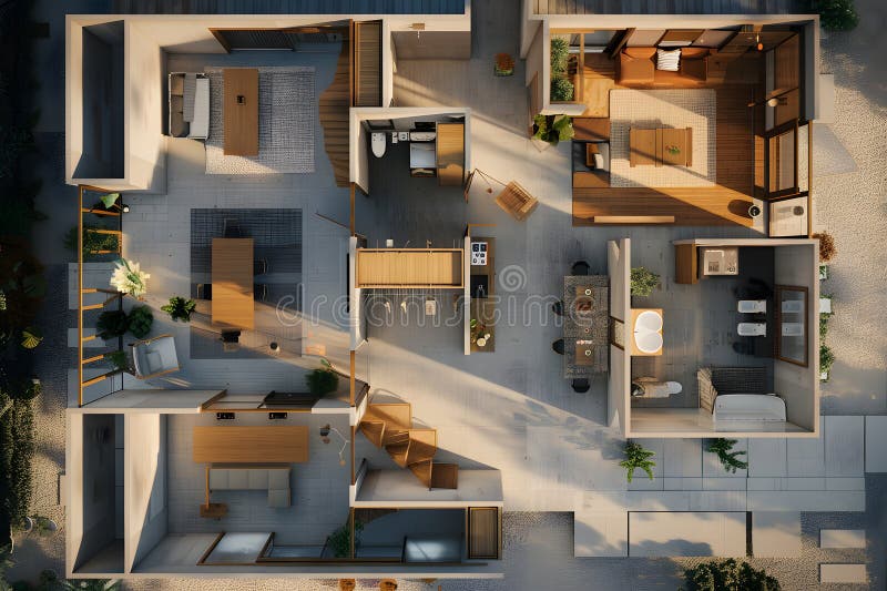 Modern House Plan: Overhead Perspective at Twilight Stock Illustration ...