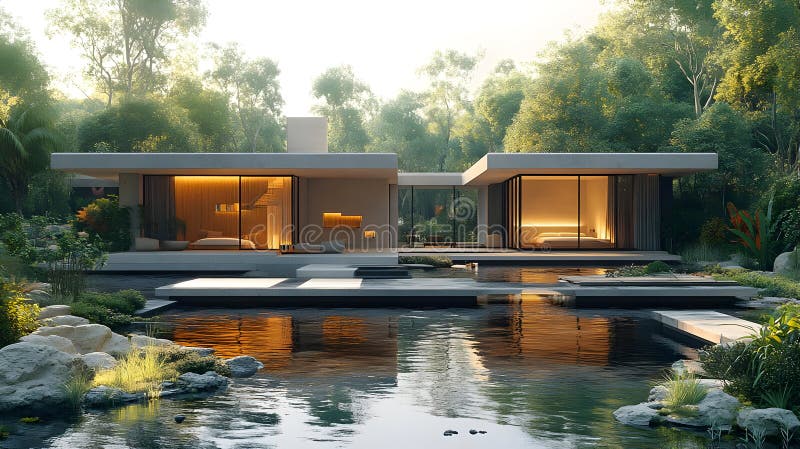 Modern House with Pond and Lush Greenery 3D Illustration Stock ...