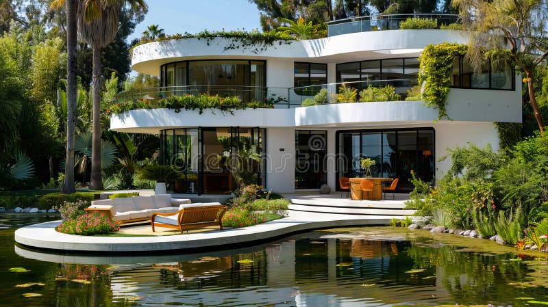 A Modern House with a Pond and Trees Stock Photo - Image of pond ...