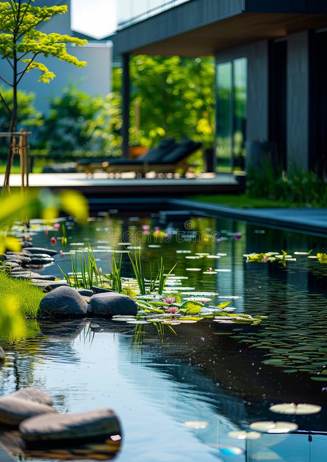 A Modern House with a Pond and Water Lilies Stock Photo - Image of ...