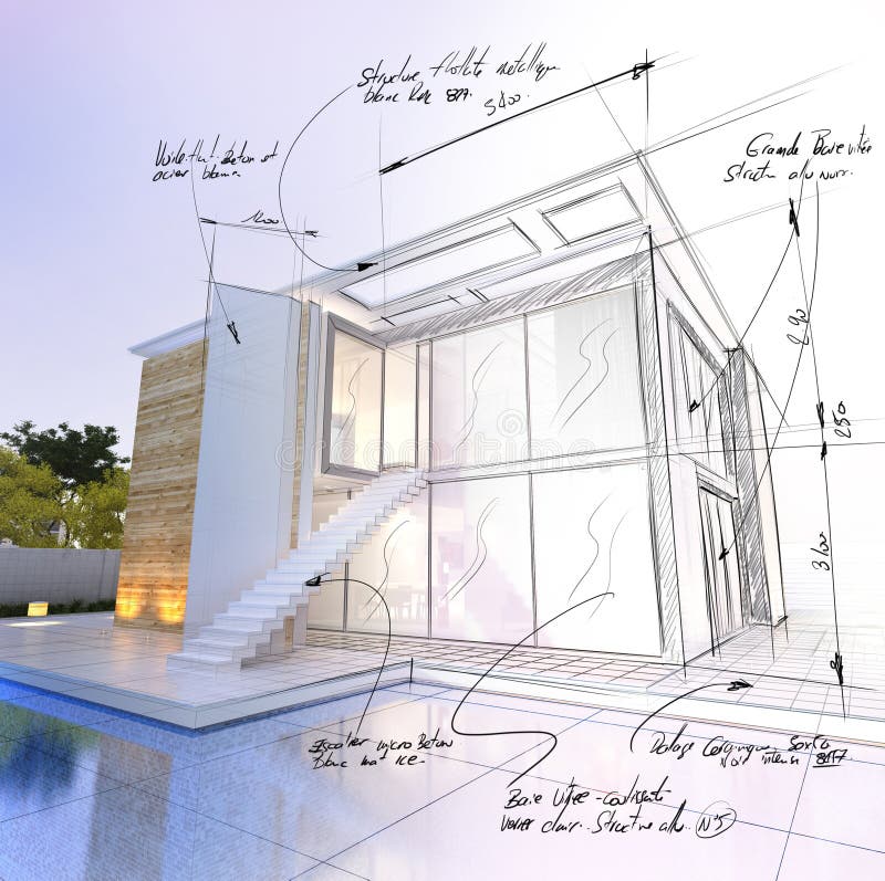 Modern House with Pool Architecture Project Draft Stock Illustration ...