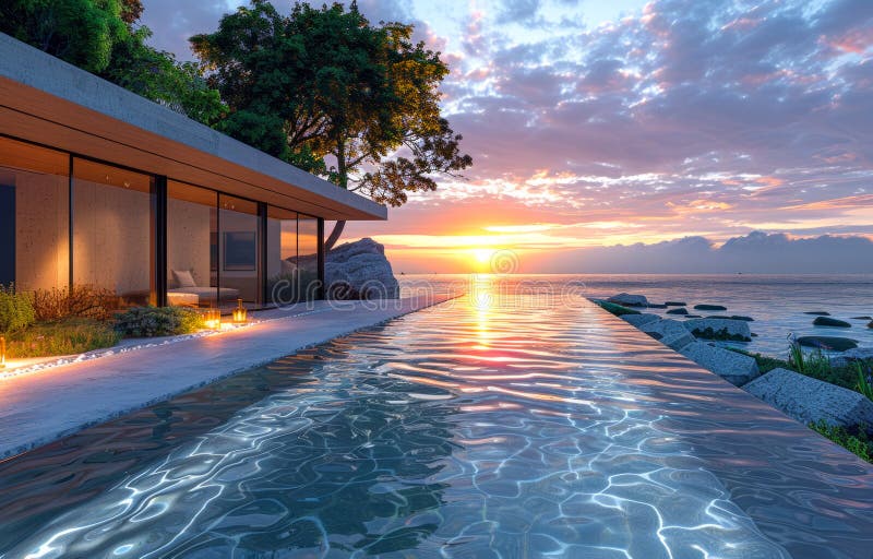 Modern House with Pool on the Beach at Sunset Stock Photo - Image of ...