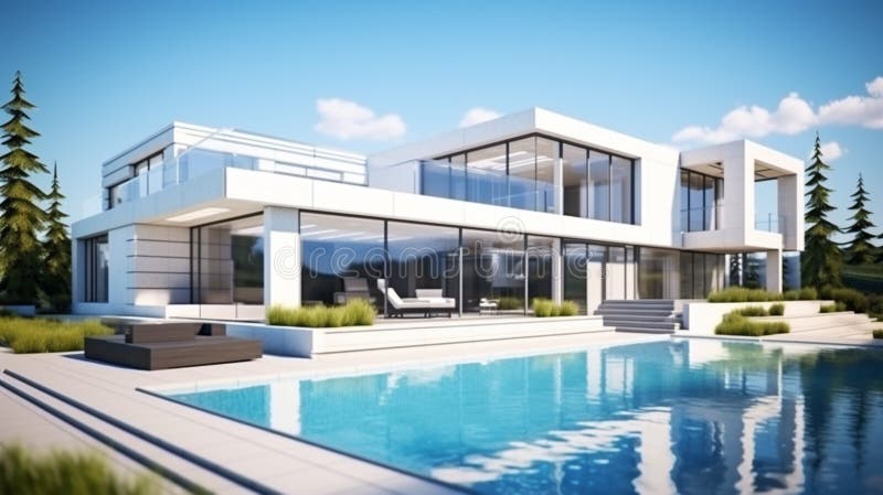 Modern House with Pool and Big Windows. Luxury House and Swimming Pool ...