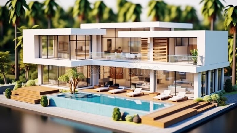 Modern House with Pool and Big Windows. Luxury House and Swimming Pool ...