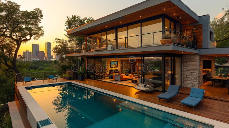 A Modern House with a Pool and City View Stock Photo - Image of water ...