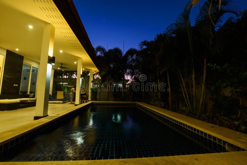 Modern House with Pool at Dusk Editorial Stock Image - Image of modern ...