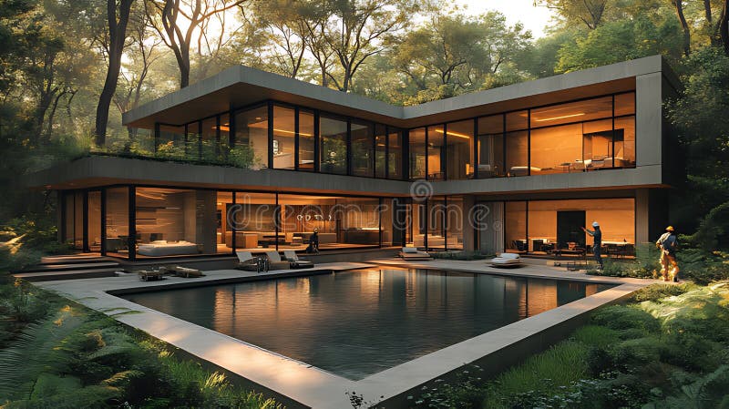 Modern House with Pool in Forest Stock Illustration - Illustration of ...