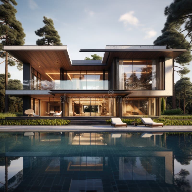Modern House with Pool in Front. Generative AI. Stock Photo - Image of ...