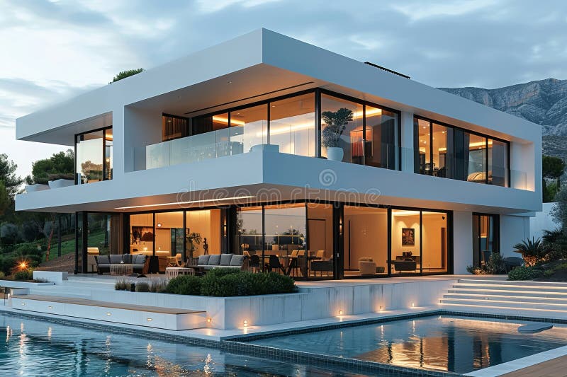 Modern House with a Pool in Front, Reflecting Sky and Clouds Stock ...